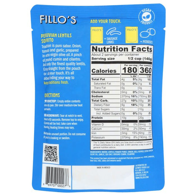 Vegan Peruvian Lentils - 10 oz. | Fillo's Beans and Sofrito – Vegan ...